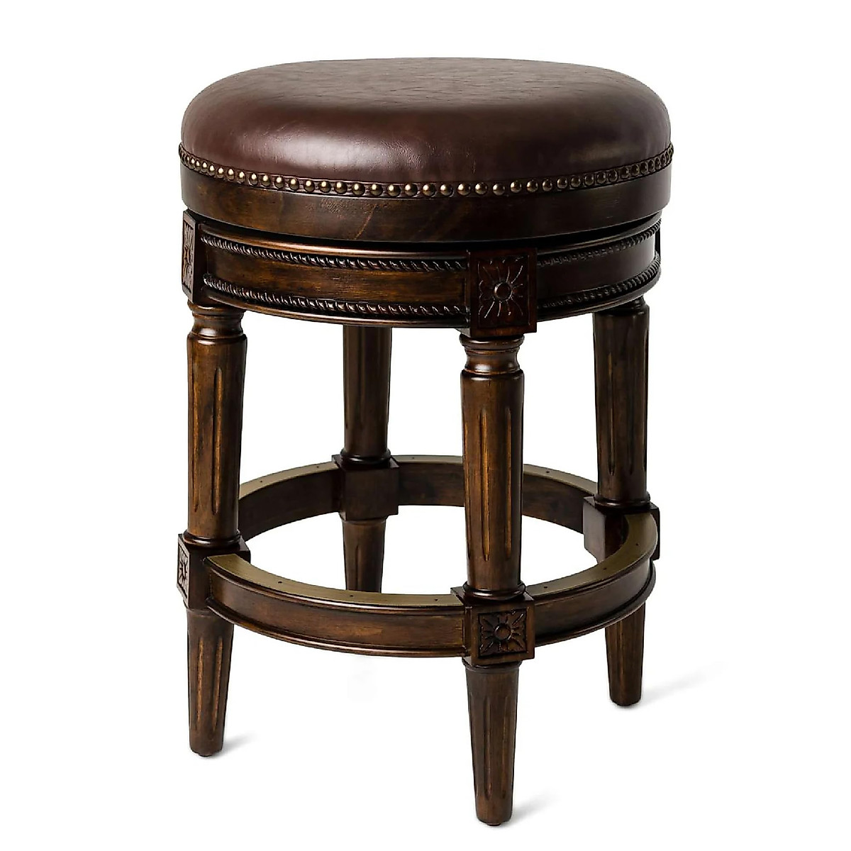Maven Lane Pullman 26 Inch Tall Counter Height Upholstered Backless Barstool in Dark Walnut Finish with Vintage Brown Vegan Leather Cushion Seat
