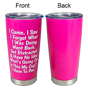 CTIGERS Funny Tumblers for Senior Citizens 20 oz Tumbler with Lid and Straw I Came I Saw Tumbler Insulated Travel Mug gifts for Grandma Grandpa Elder Mom Dad Aunt Birthday Gifts Retirement Gifts Pink