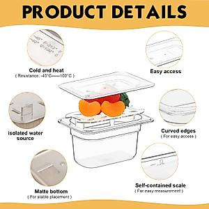 Sunnyray 6 Set 1/9 Size Polycarbonate Food Pans with Lids and Drain Shelf Deep Square Food Storage Containers for Kitchen Restaurant Fruit Vegetable Storage