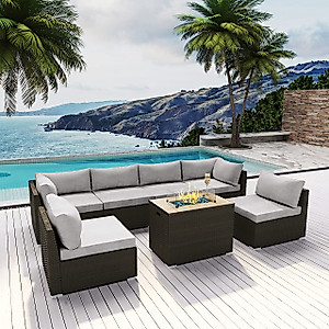 MODENZI Patio Furniture Outdoor Sectional with Propane Fire Pit Table Espresso Brown Wicker Resin Garden Conversation Sofa Set (Light Grey)