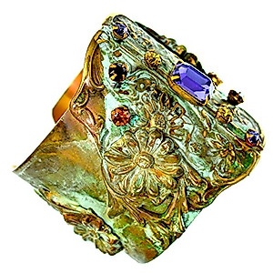 Elaine Coyne Collectible Artwear Olive Patina Brass Zinnia Flowers Wide Cuff - Authentic Glass Crystals