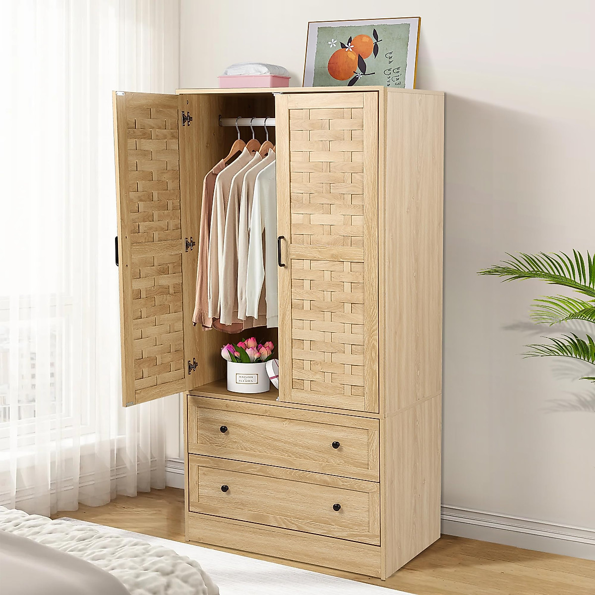 QEIUZON Wardrobe Closet, Freestanding Closet Wardrobe Cabinet with Wide Drawers & Hanging Rod, Armoire for Bedroom, Kids' Room, Dorm (Natural)