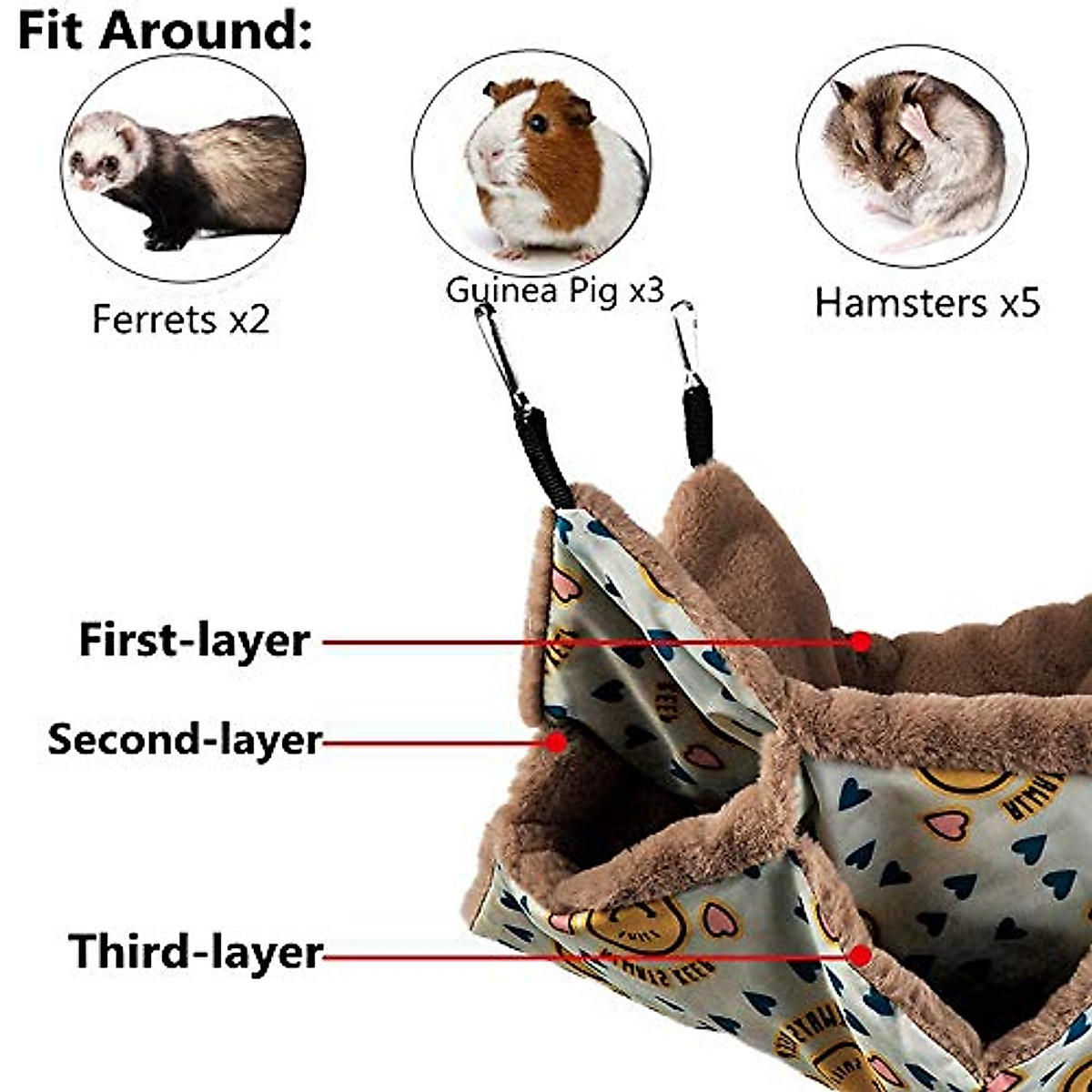 Small Pet Cage Hammock with 3 Christmas Bell Ornaments,Triple Layer Hammock Hamster Guinea Pig Cage Accessories Bedding Cozy Ferret Tunnel Cave Small Animals Bed for Chinchilla Sugar Glider (Pink)