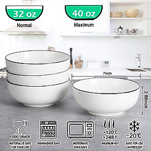 AnBnCn 40 OZ Large Soup Bowls Set of 4, Fine Porcelain, White Ceramic Bowls for Ramen, Cereal, Pasta, Salad, and Fruit-Dishwasher & Microwave Safe
