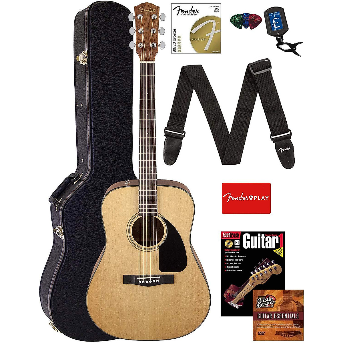 Fender CD-60 Dreadnought Acoustic Guitar - Natural Bundle with Hard Case, Strap, Tuner, Strings, Picks, Fender Play, Instructional Book, and Austin Bazaar Instructional DVD