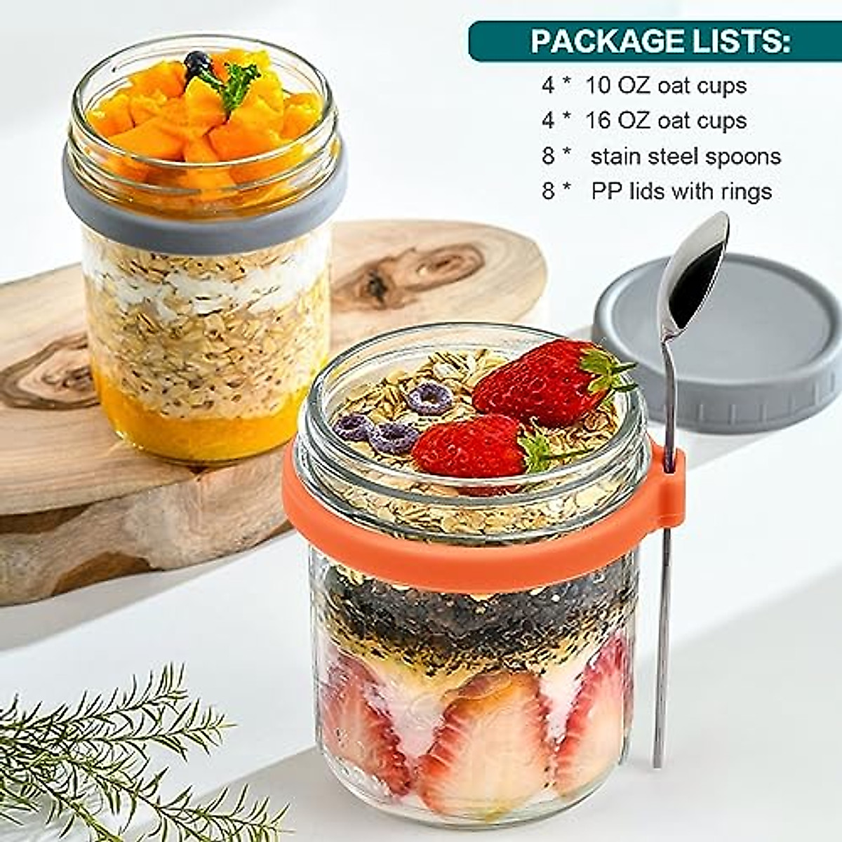 ZIZOTI 12 Pcs Glass Overnight Oats Containers with Lids and Spoons,2 Size 16 Oz & 10 Oz Mason Overnight Oat Jars, Airtight Breakfast Meal Prep Glass Container to Go for Chia Yogurt Salad Cereal Fruit