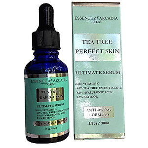 Tea Tree Perfect Skin Facial Serum, Ultimate Anti-Aging Formula for Acne-Prone Skin with 20% Vitamin C, Tea Tree Essential Oil, Retinol and Hyaluronic Acid for Clear, Soft, Radiant Skin.