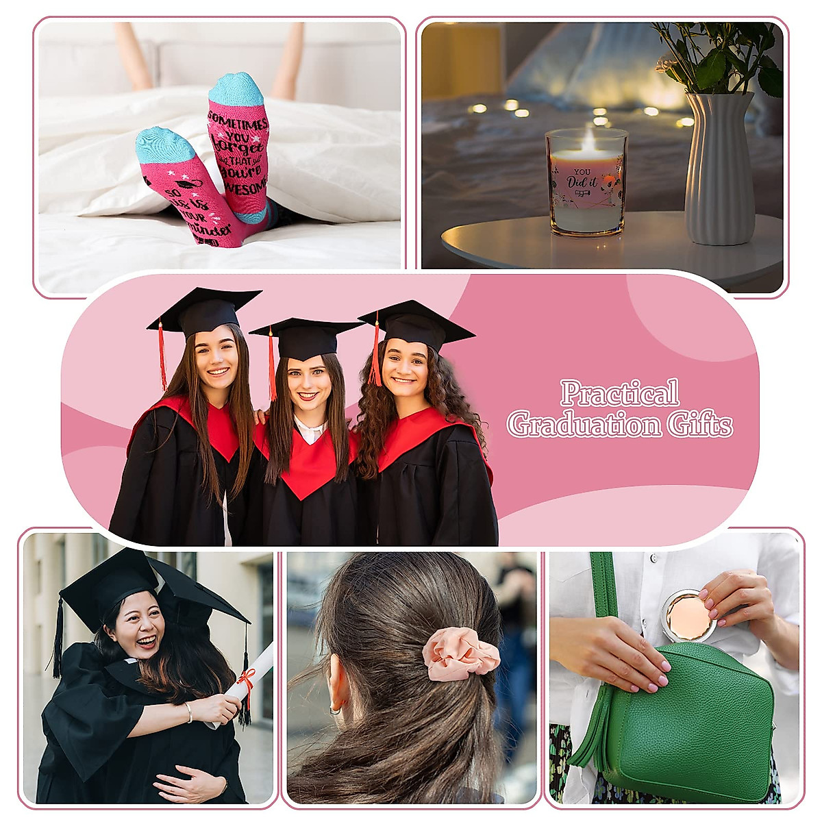 Teling Graduation Gifts for Her Graduation Gift Basket Set Includes Coffee Mug, Bracelet, Keychain, Candle, Towel, Socks, Scrunchie, Mirror Candle Card for Senior College Graduation Party (Pink)