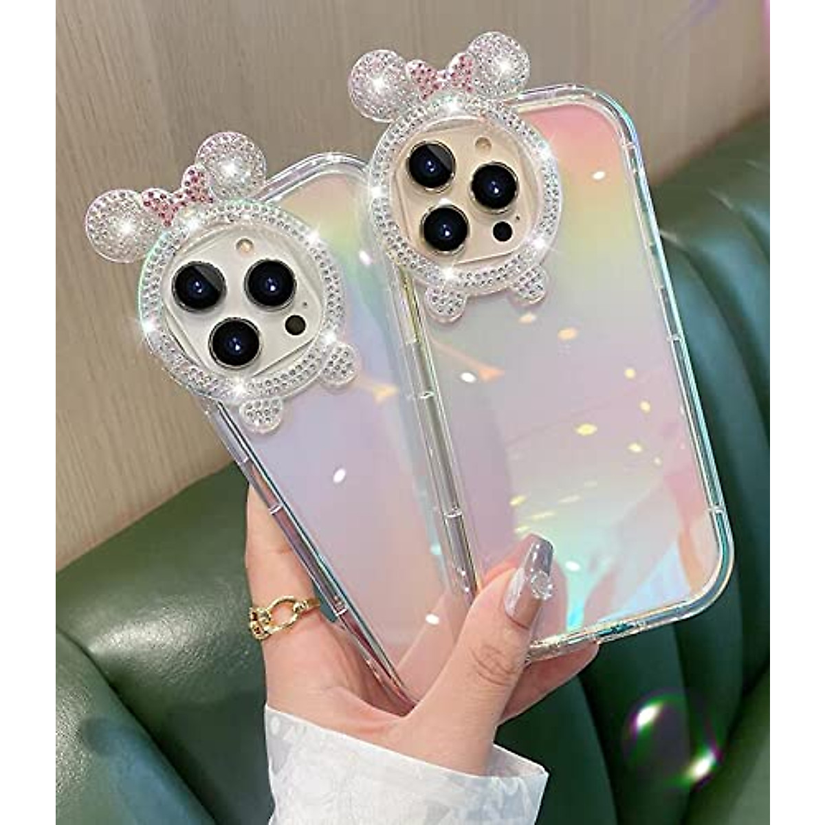 Threesee for iPhone 14 Pro Max Mickey Mouse Cartoon Case,Bling Glitter Diamond Cute Bow Soft TPU Women Girls Kids Protective Clear Phone Case for iPhone14 Pro Max 6.7 inch
