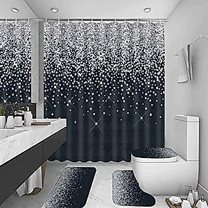 TERSUM Silver Gray Bokeh Diamond Shower Curtain Set,4PCS Bathroom Sets with Shower Curtain and Bath Mat, Toilet Lid Cover and U Shaped Rugs,72"x72" Polyester Fabric Bathtub Curtain with Hooks SETGXTE2