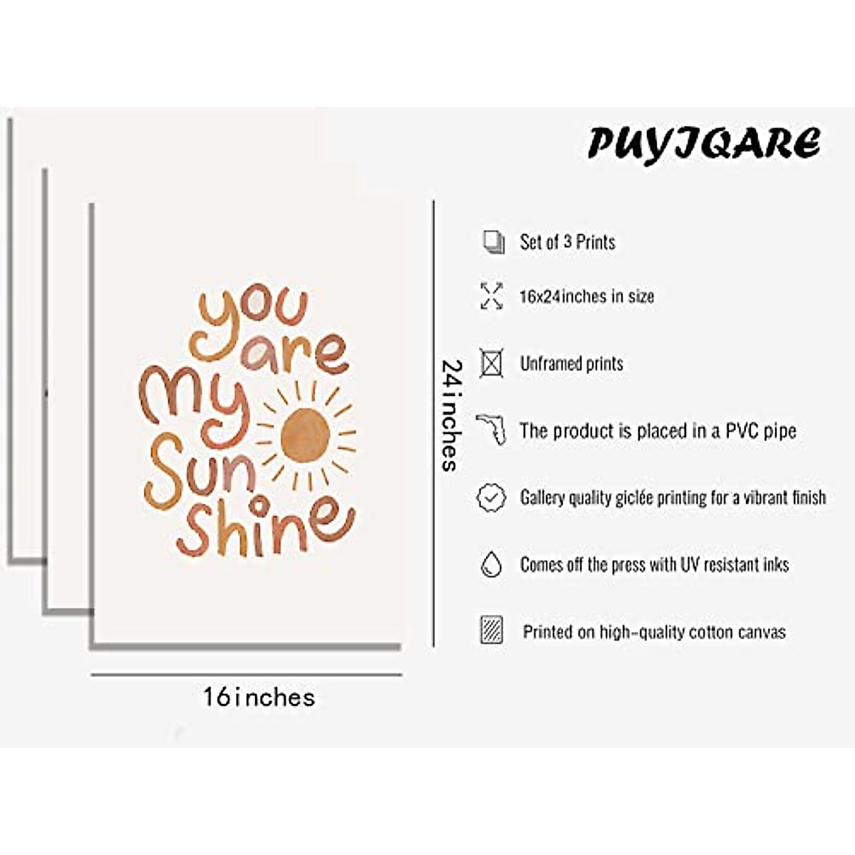 PUYIQARE You Are My Sunshine Canvas Wall Art Nursery Art Print Heart Nursery Wall Art Boho Wall Art Prints for Girls Room Decor Boho Sunshine Nursery Decorfor Baby Kids Room Decor Unframed