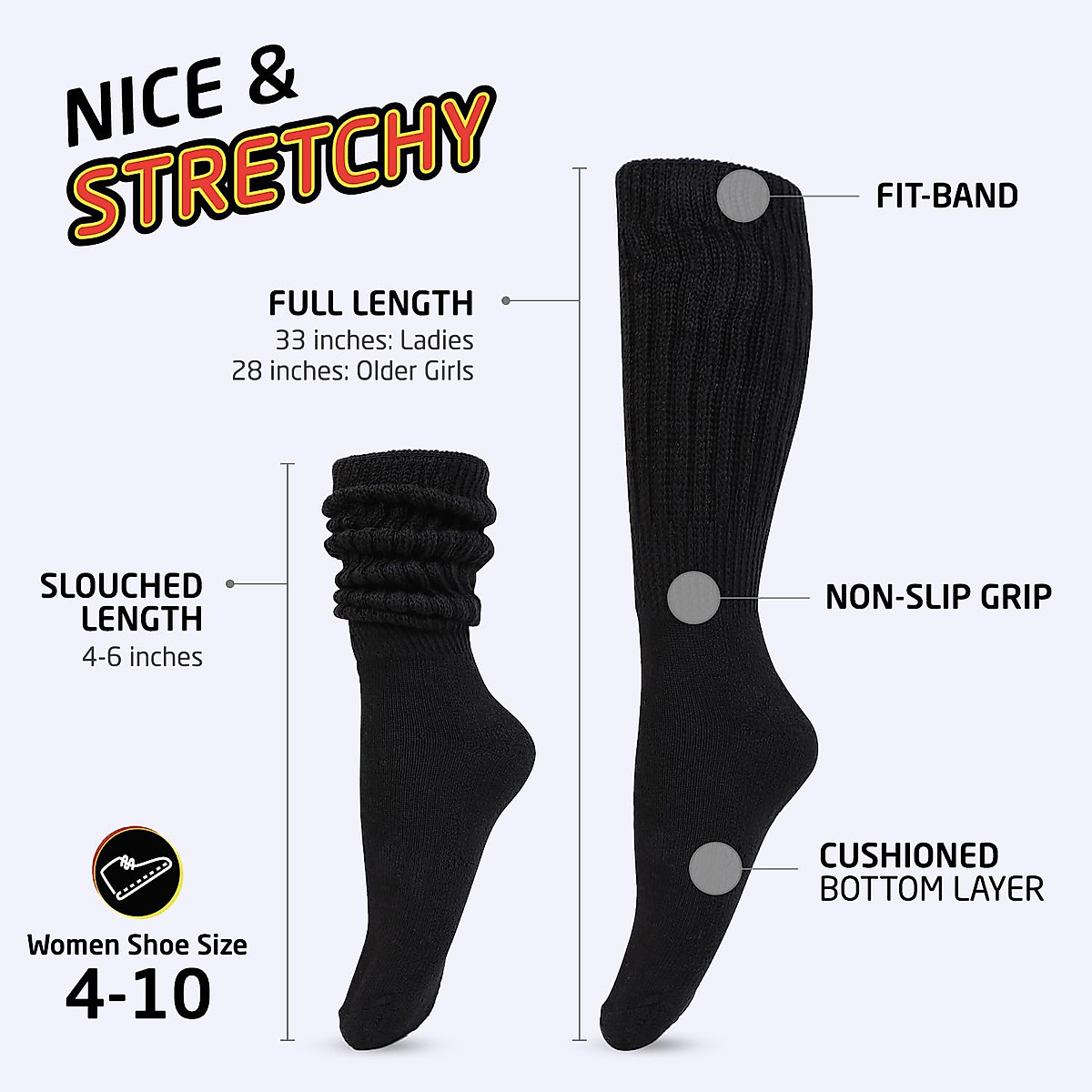 HOT FEET Women's Slouch Socks 2-Pack - Cozy Cotton Blend Scrunch Boot Socks, Long Slouchy Scrunchy Calf Socks, Sizes 4-10, White & Black