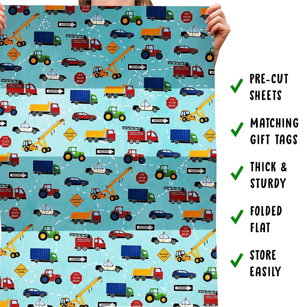 CENTRAL 23 Wrapping Paper for Boys - 6 Sheets of Birthday Gift Wrap - Police Cars Trucks and Tractors - For Kids - Children - Matte - Recyclable