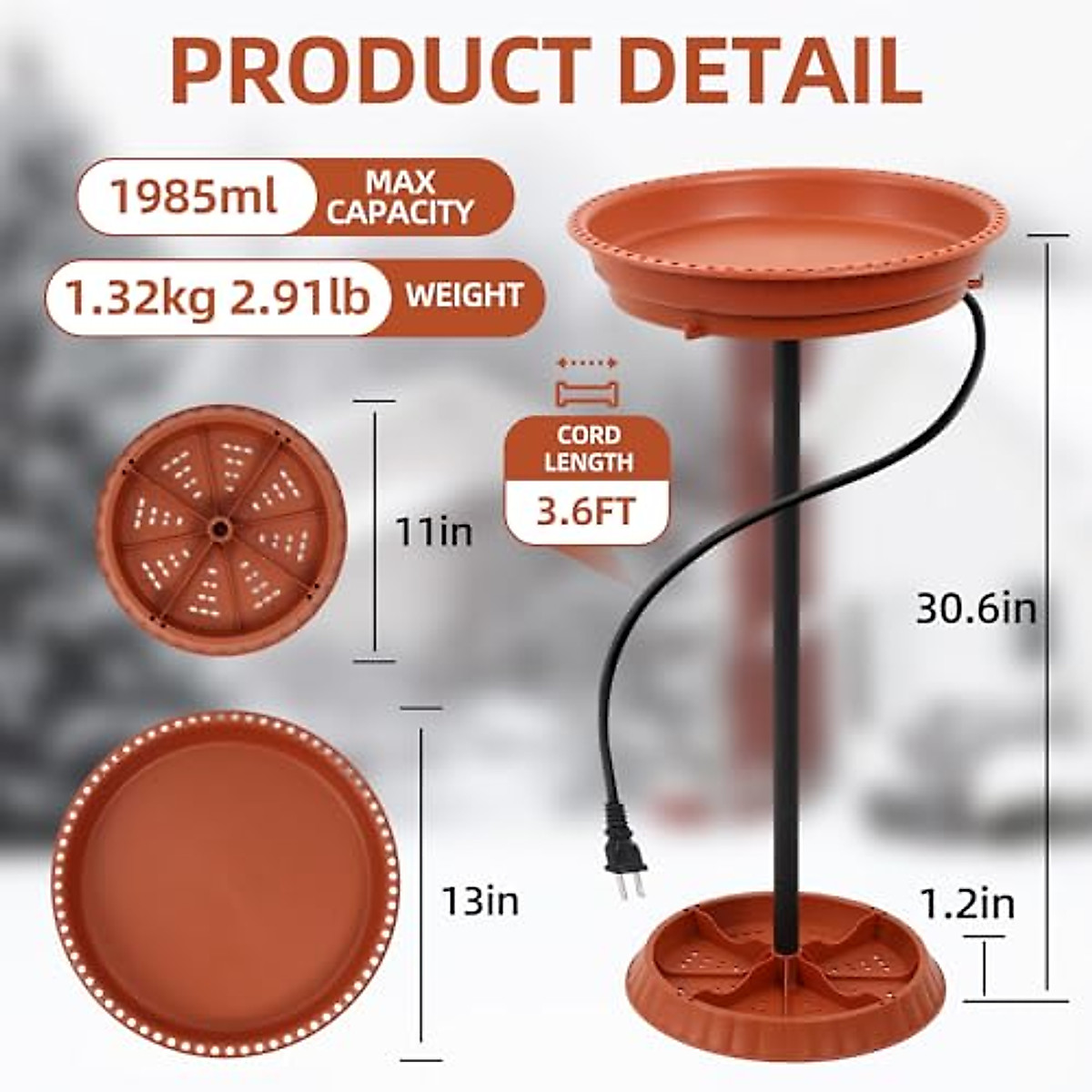Heated Bird Bath for Outdoors for Winter, 75W Bird Bath Water Heater Bird Bath Deicer,Deep Bowl Thermostatic Control Weather Resistance Stylish Design with Planter Pedestal for All Seasons(Brown)