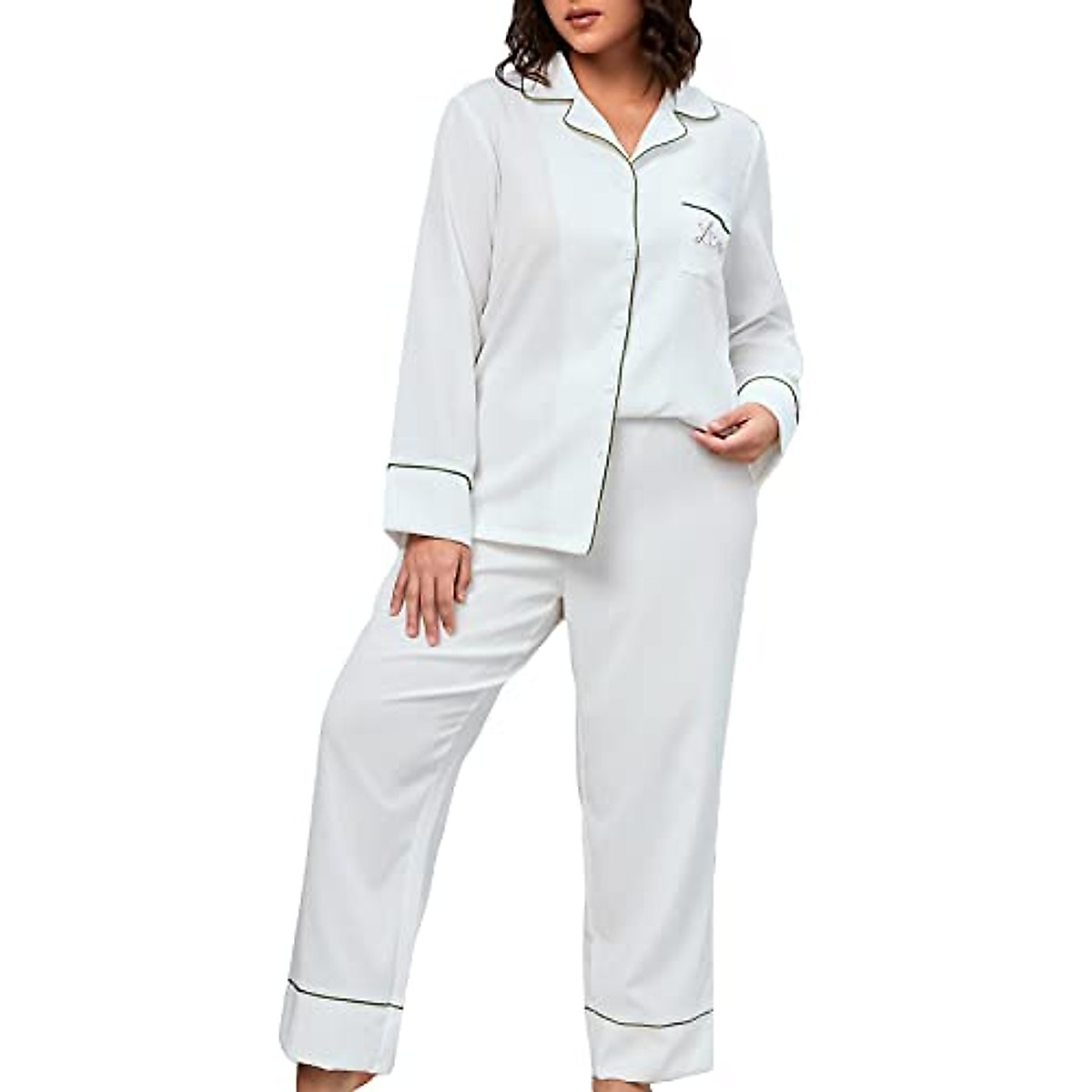 WDIRARA Women's Plus Size Letter Print 2 Piece Satin Pajama Set Silk Shirt and Pants Sets White 1XL
