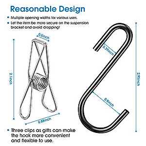 AYAYASTORY S Hooks Set, 12PCS Black Steel S Shaped Hooks and 3PCS Utility Clips, Heavy Duty Hanging S Hook for Kitchen, Bathroom, Bedroom and Office: Pan, Pot, Cups, Bag, Towel, Plants, Pictures