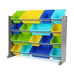 Humble Crew Extra-Large Toy Organizer, 16 Storage Bins, Grey/Blue/Green/Yellow,15.5"D x 42"W x 35"H
