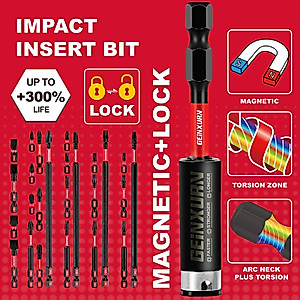GEINXURN Impact Tough Magnetic Mixed 46Pack Insert Driver Bits, S2 Alloy Steel Screwdriver Power Bits Set with 1Pcs Impact Magnetic Bit Holder and Mini Wrench