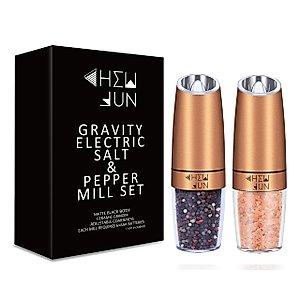 Gravity Salt and Pepper Grinder Set with Adjustable Coarseness Automatic Pepper and Salt Mill Set Battery Powered with White LED Light,One Hand Operated,Brushed Stainless Steel by CHEW FUN