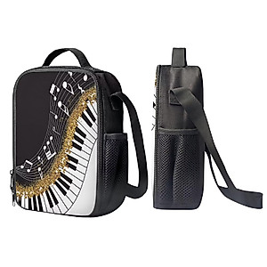 Cute Black School Backpack with Lunch Box for Girls Large Capacity Lightweight Custom Piano Key Music Note Backpack Set Aesthetic Kids Comfy Padded Adjustable Book Bag Lunch Bag Pencil Case 3 in 1