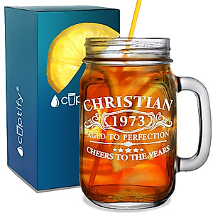 Cuptify Personalized Beer Glass 50th Birthday Gift for Women and Men Aged To Perfection 50 Years Old 1973 Etched Mason Jar Glass 16 oz Drinking Glasses with Handle