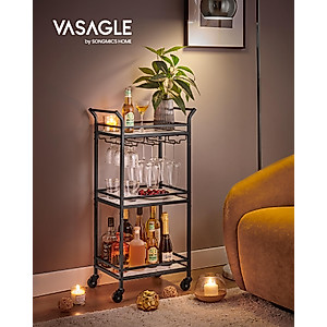 VASAGLE Bar Cart, Home Bar Serving Cart, Small Bar Cart with 3-Tier Shelf, Wine Holders, Glass Holders, Mini Bar Cart for Small Spaces, Kitchen, Dining Room, Living Room, Ink Black