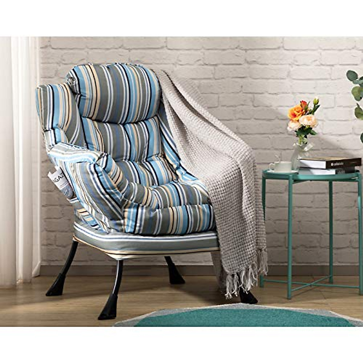 AbocoFur Modern Large Cotton Fabric Lazy Chair，Accent Contemporary Lounge Chair, Single Steel Frame Leisure Sofa Chair with Armrests and A Side Pocket, Stripe