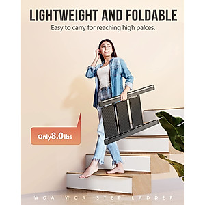 WOA WOA 3 Step Ladder, Foldable Step Stool, Aluminum Lightweight Ladder for Home Kitchen Closet, Anti-Slip Pedals, Ease of Folding, Portable, 300lbs Capacity - Black