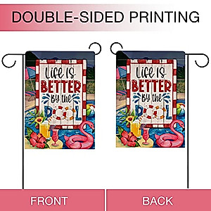 Hzppyz Life is Better by the Pool Summer Garden Flag Double Sided, Flamingo Juice Decorative Yard Outdoor Small Decor Burlap Home Outside Decoration 12 x 18
