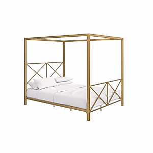 DHP Rosedale Metal Canopy Bed Frame with Four Poster Design and Geometric Accented Headboard and Footboard, Underbed Storage Space, Queen, Gold