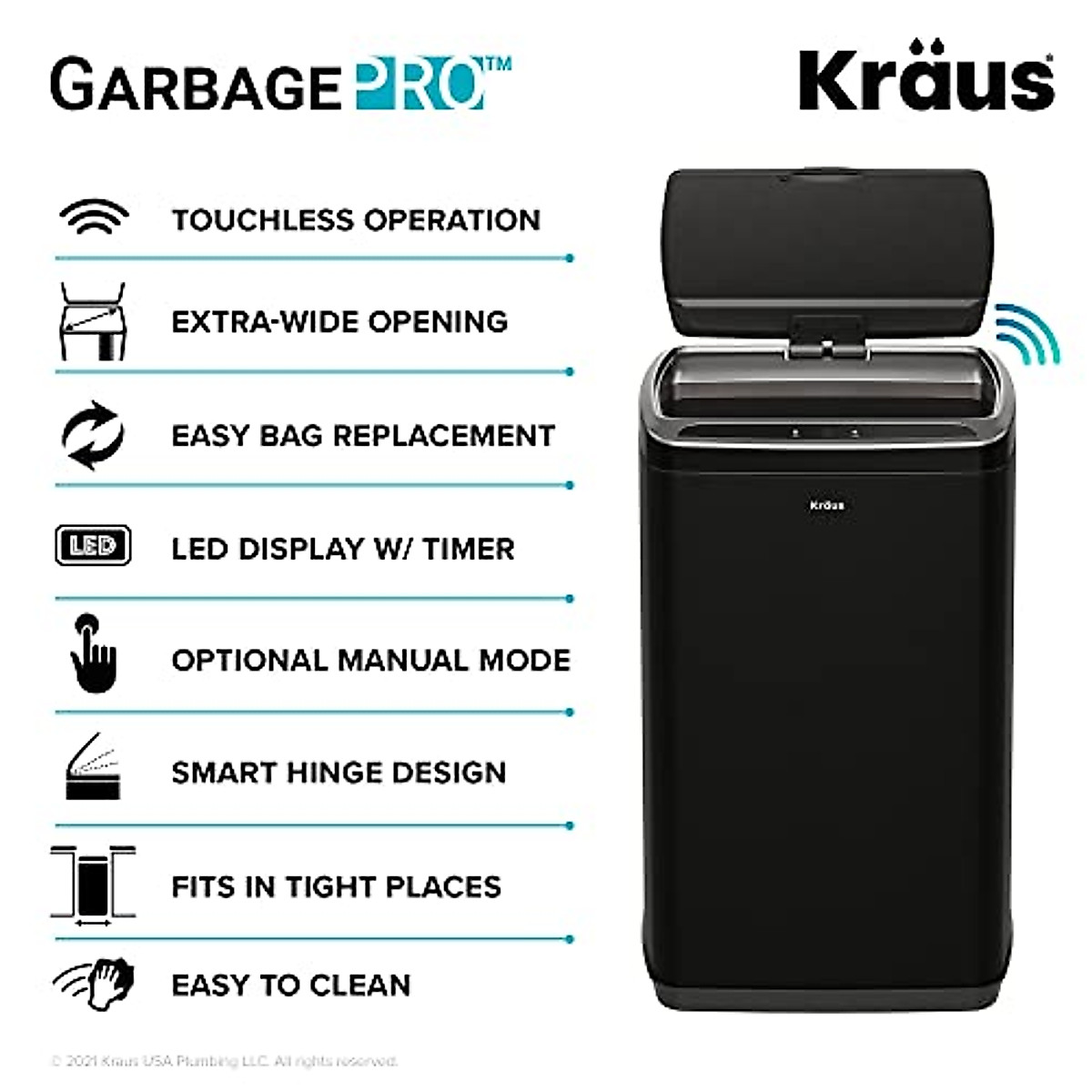 Kraus KTCS-10MB GarbagePro Rectangular 13 Gallon Hands-Free Motion Sensor Trash Can Battery Operated in Matte Black Finish with SoftShut Touchless Lid