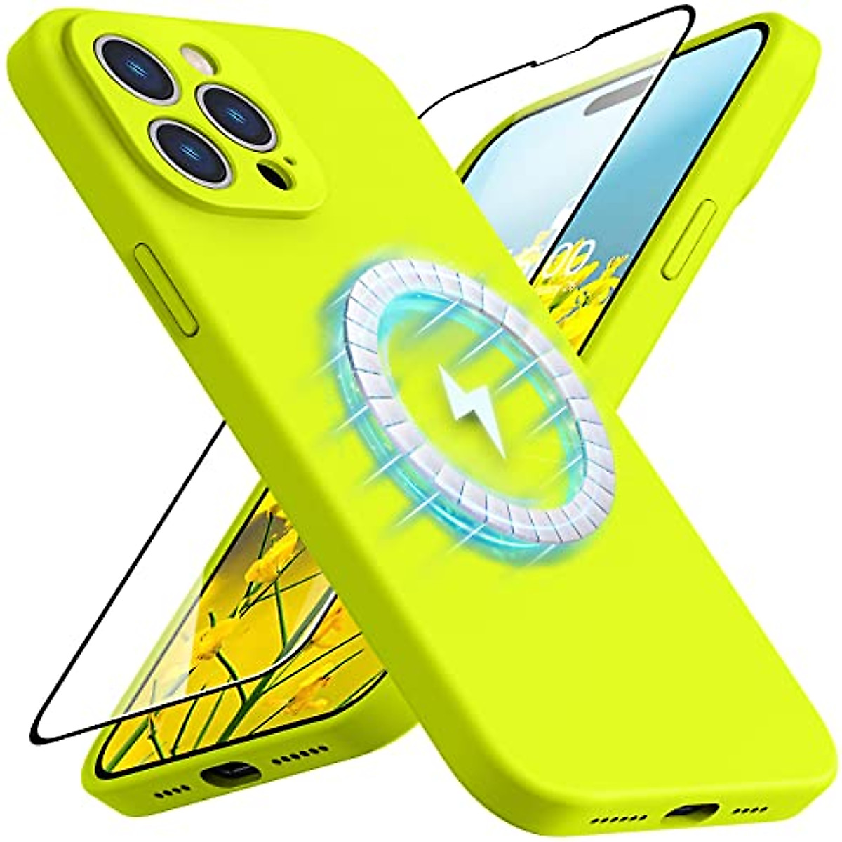 Vooii Compatible with MagSafe iPhone 14 Pro Max Magnetic Case,[9H Screen Protector][Camera Protective][Soft Microfiber Lining] Liquid Silicone Shockproof Case for iPhone 14 Pro Max - Fluorescent Green
