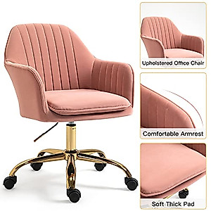 AVAWING Pink Chair Cute Office Chair, Mid-Back Vanity Chair Adjustable Task Office Chair 360°Swivel Roller Chair with Arms and Gold Metal Base for Home Office, Vanity Room, Bedroom