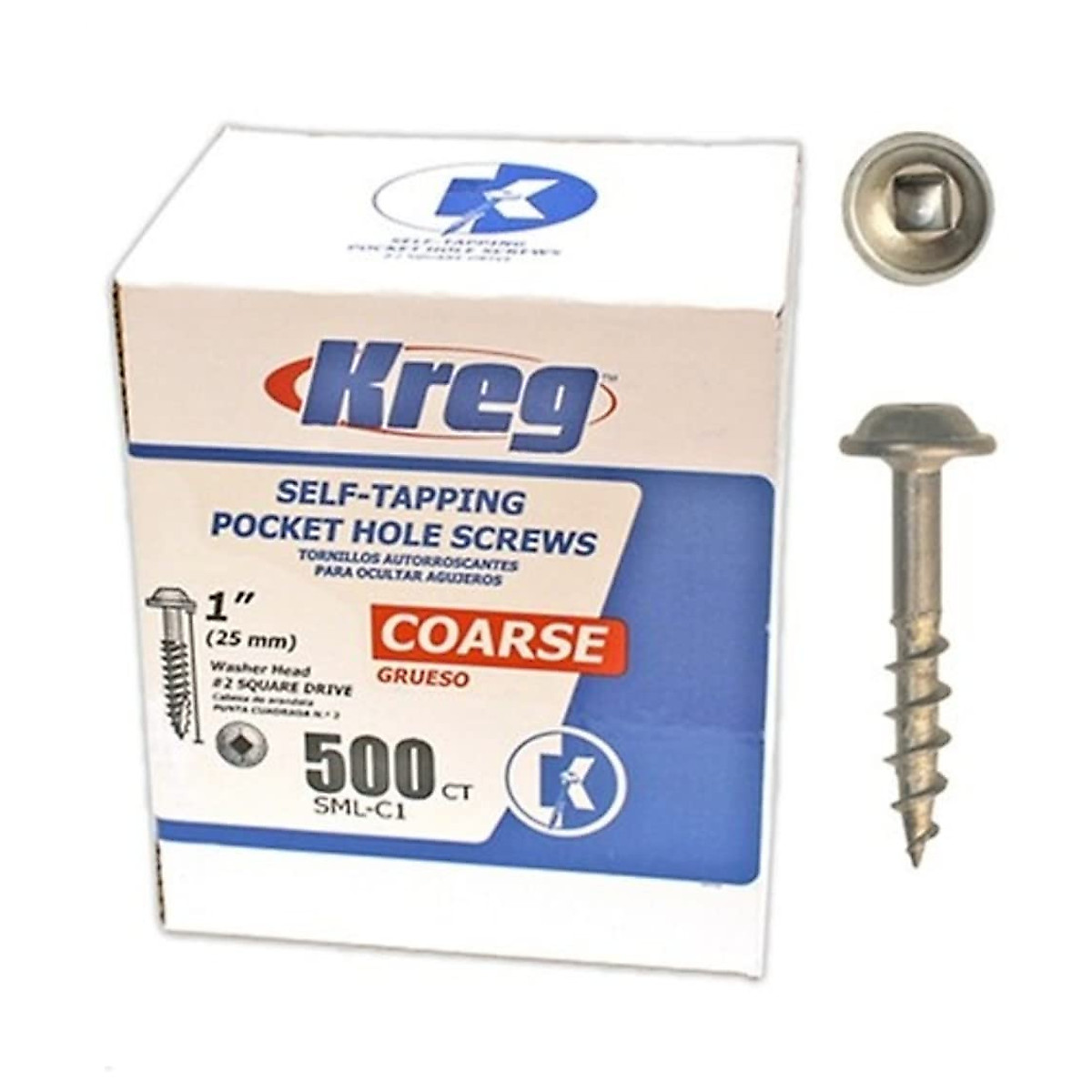 Kreg SML-C1-500 Zinc Pocket Screws, 1 Inch #8 Coarse Thread, Maxi-Loc Head (500 Count)