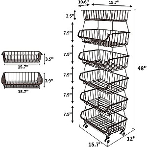 Fruit Vegetable Storage Basket with Wheels Kitchen Storage Rack 6-Tier Fruit Vegetable Stackable Floor-Standing Movable Organizer Household Storage Snack Shelf for Kitchen Living Room Dressers Stand