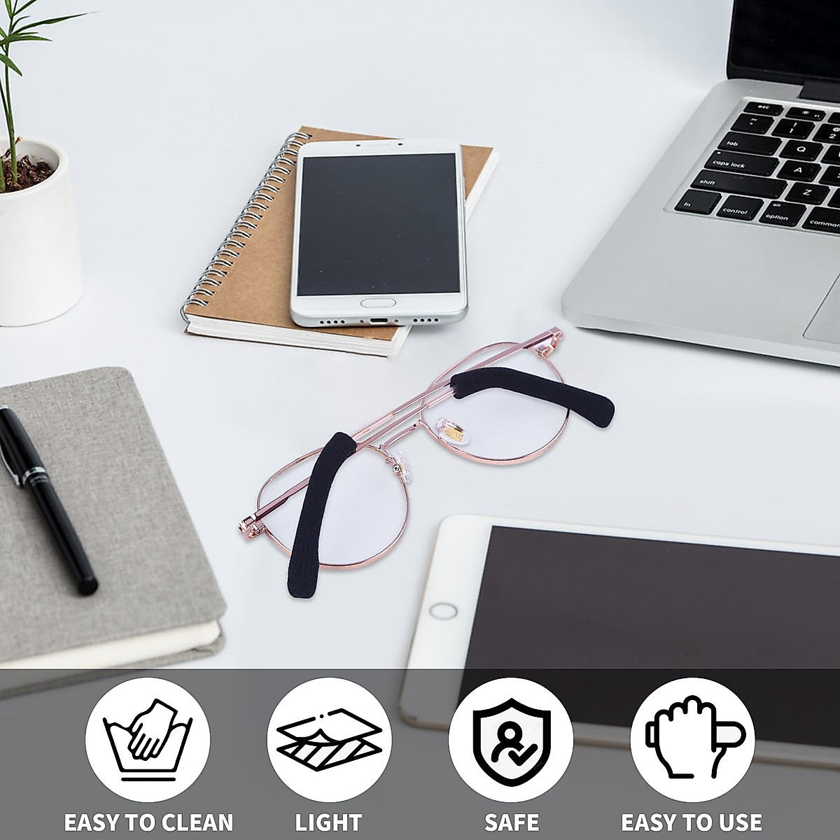 GCXIXPY Anti-Slip Elastic Comfort Glasses Ear Cushion, Black Soft Knitting Cotton Fabric Eyeglass Ear Cushions, Glasses Grips for behind the Ear for Sunglasses Reading Glasses Eyewear (2 Packs)