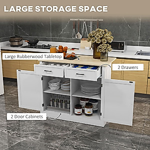 HOMCOM Rolling Kitchen Island with Drop Leaf Wood Breakfast Bar, Farmhouse Kitchen Cart with 2 Drawers, Adjustable Shelves for Dining Room, White