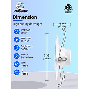 Energetic 5/6 Inch 5CCT LED Recessed Light, 2700K-6500K Selectable Downlight, Can Lights with Baffle Trim, CRI 90, Wet Rated, E26 Base, 10.5W=85W, Dimmable, Simple Retrofit Installation, ETL, 6 Pack