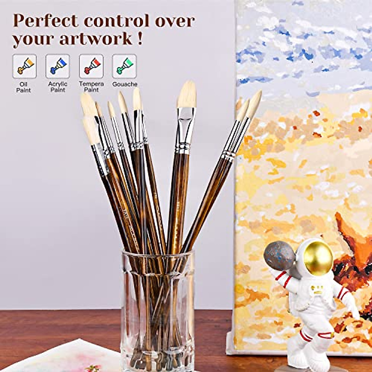 Professional Oil Paint Brush Set, Fuumuui 11pcs Superior Hog Bristle Paint Brushes Perfect for Oil Acrylic Gouache Painting