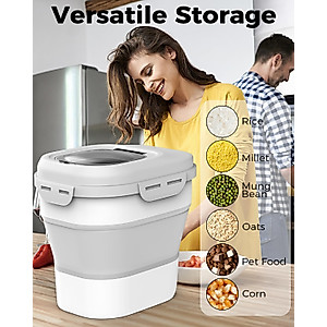 Rice Storage Containers, Collapsible 20-50Lbs Food Storage Bin with Rolling Wheel Airtight Lid,Flour Storage Container with Small Food Container & Scoop for Flour, Sugar, Cereal and Dog Cat Pet food