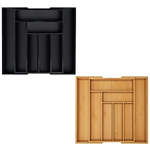 Expandable Bamboo Organizer 8 Compartment 2 Piece Set - Bamboo Drawer Dividers Organizer - Adjustable Drawer Holder for Kitchen, Silverware, Flatware, Living Room and Utensils (Black and Natural)