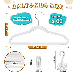 Tinfol Kids Velvet Hangers 60 Pack, White Non-Slip Toddler Hangers, Space Saving Felt Baby Hangers with 8 Velvet Hanger Clips for Children's Clothes, Newborn Clothes, Toddler Clothes