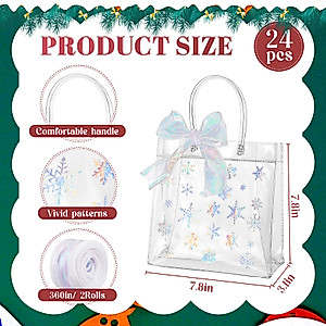 Henoyso 24 Pcs Snowflake Clear Gift Bags Winter Frozen Party Favors Bags Christmas Plastic Candy Goodie Treat Bags with Handles and Ribbon 7.8 x 7.8 x 3.1 PVC Gift Wrap Tote(Laser Silver)
