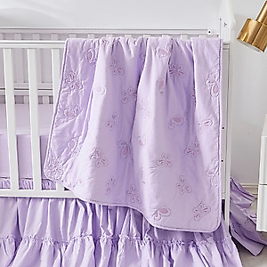 Brandream Purple Baby Girls Crib Bedding Set with Embroidered Butterfly Quilt, Crib Sheet, Crib Bed Skirt | 6-Piece Cotton Nursery Bedding Set