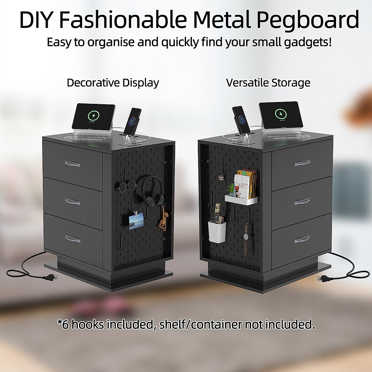 VINGLI Nightstand with Charging Station, Led Nightstand with Pegboard & Hooks, 3 Drawer Nightstand, Smart Nightstand, Wood Nightstand Bedroom, Modern Nightstand, Bedside Table, End/Side Table, Black