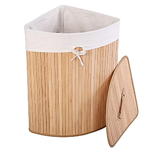 GOFLAME Corner Bamboo Laundry Hamper with Lid and Removable Liner, Washing Clothes Basket Storage Bin with Handle, Suitable for Bedroom, Bathroom, Laundry (Natural)