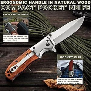 Wlikn Pocket Folding Knife Gentleman’s Folding Knife, EDC Knife for Women and Men, Wood Handle Sharp Blade, Survival Tactical Knife for Hunting Fishing Hiking, Camping Knife Hunting Knife with Liner Lock