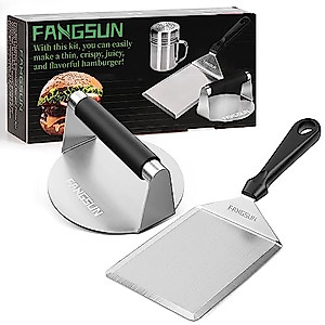 FANGSUN Smashed Burger Press Kit, Stainless Steel Burger Smasher & Grill Spatula for Outdoor Cooking, 5.8” Hamburger Press & 5" BBQ Spatula, Griddle Accessories Kit for Flat Griddle, Grilling Gift