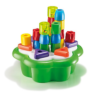 ASO Quercetti Chunky Peggy Stacking Toy - 28-Pieces Including 2 Rattle Pegs, Sturdy Daisy Basket Design with Built-in Storage, for Toddlers and Kids Ages 1 Year and up