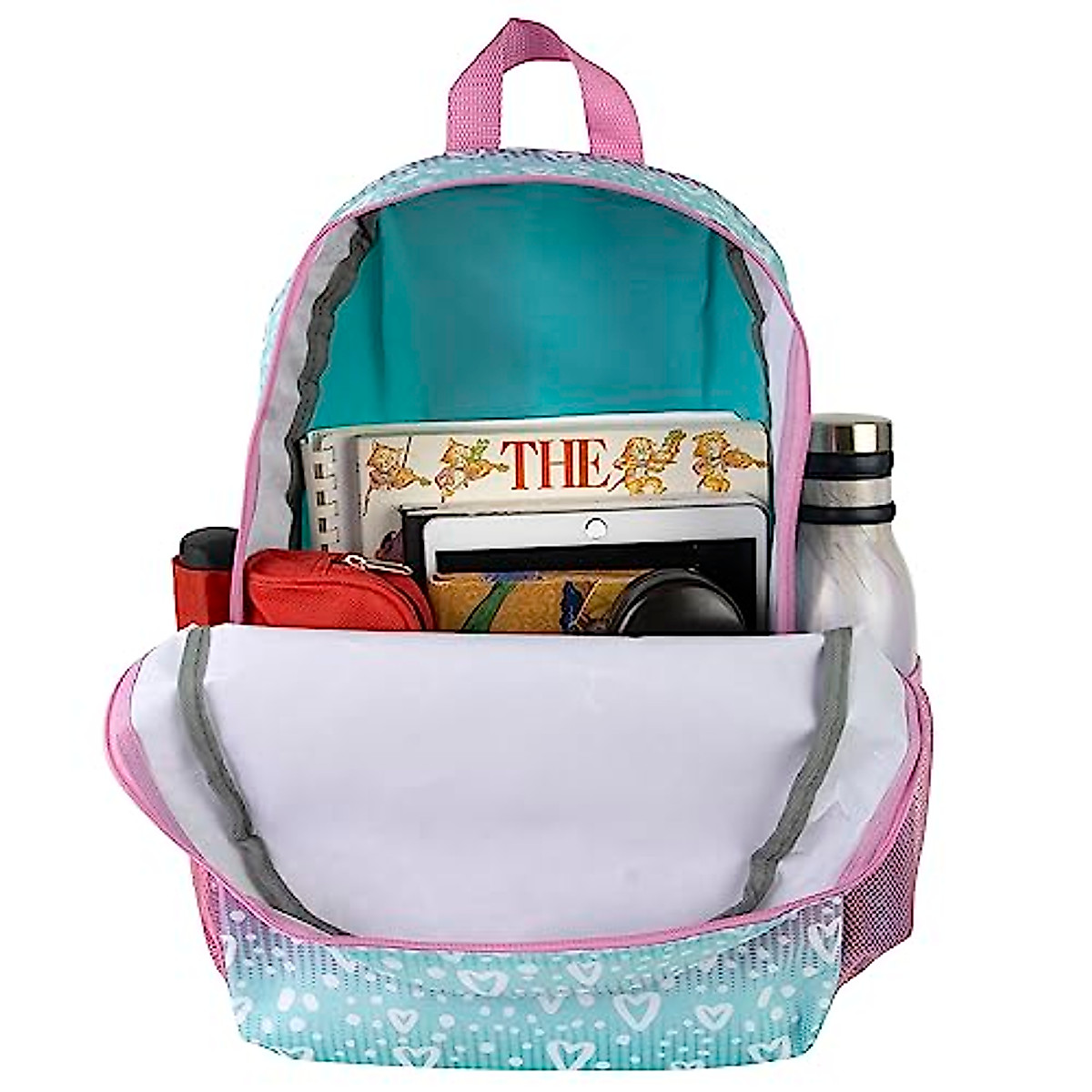 17 Inch Backpack with Side Pockets for Girls for School, Travel, Hiking, Camping (Ombre Hearts)